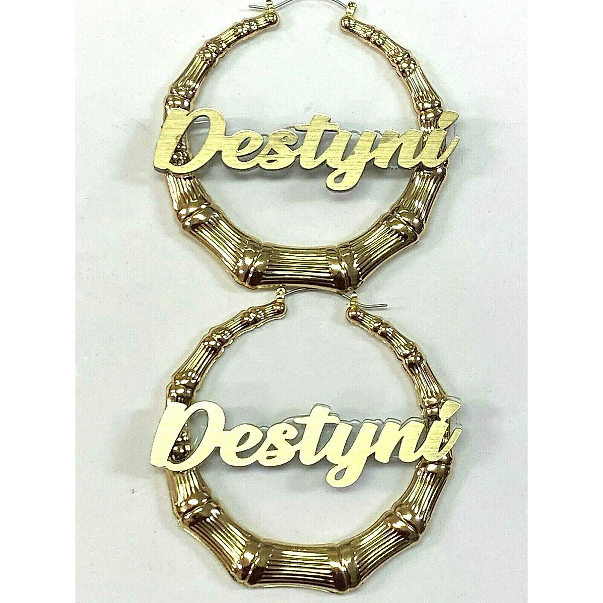 Stylish Bamboo Earrings Personalized Custom Gold 1.5, 2.5, 3.5" Size and Background Color Choice Hoop Name Plate Laser Cut Made To Order - Any Name Script Cursive Letters Stunning, Quality, Attractive (3.5" Bamboo Earrings)