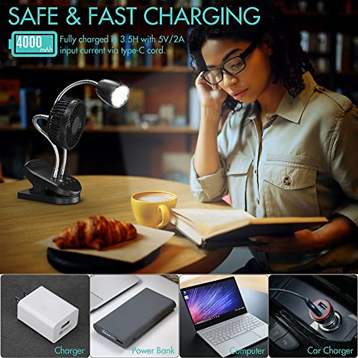 Barbecue Grill Light and Fan Magnetic and Clip Base BBQ Lights and Clip on Fan for Outdoor Grill, Camping, 360°Flexible Gooseneck, 3 Light and Fan Settings, 4000mAh Rechargeable Battery Powered