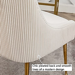 KINWELL Upholstered Dining Chairs, Modern Accent Side Chair with Pleated Back and Pull Handle, Velvet Armchair Desk Chair with Gold Metal Legs for Living Room, Home Office,Vanity(Beige)