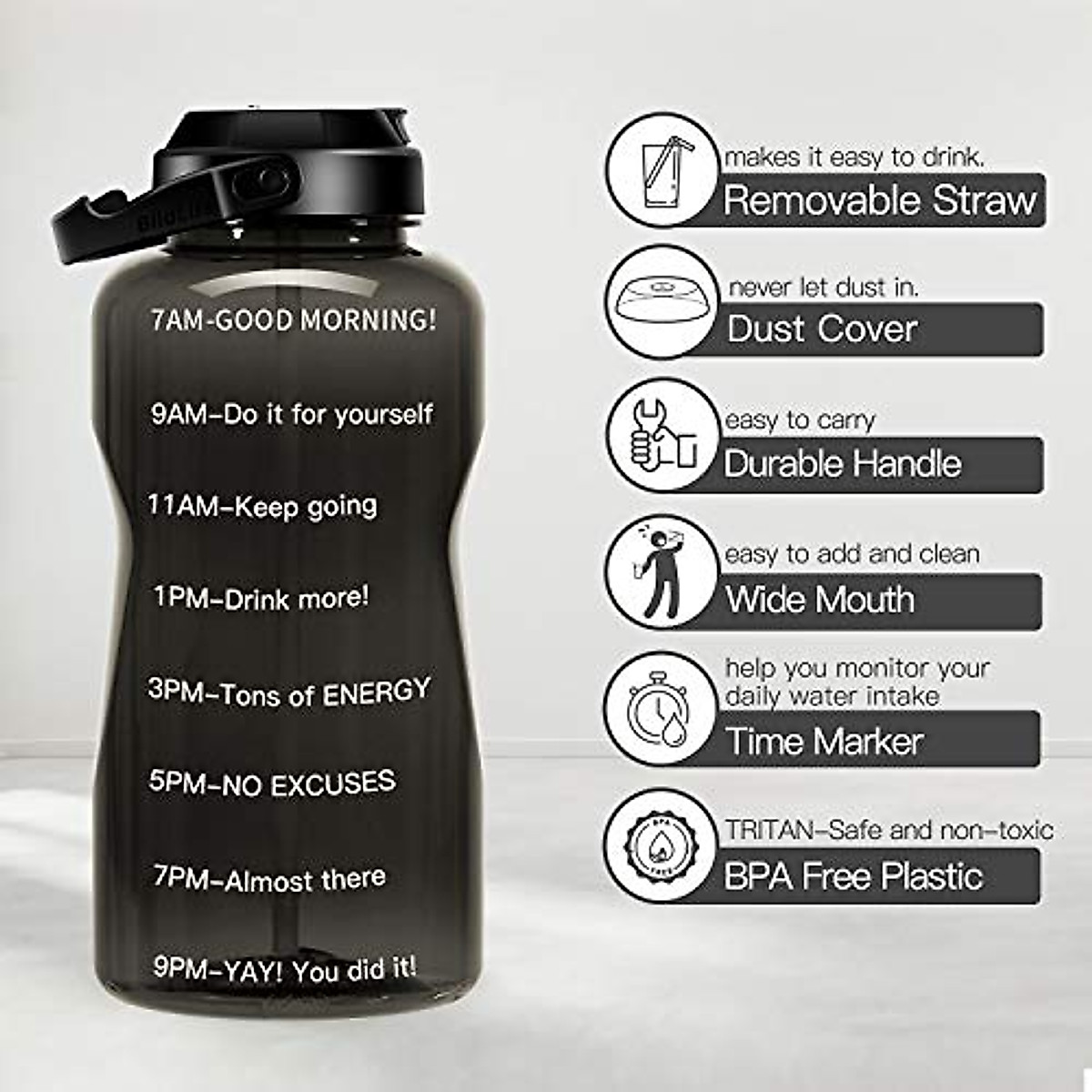 QuiFit Motivational Gallon Water Bottle - with Straw & Time Marker BPA Free 128/64 oz Large Water Jug Leak-Proof Durable for Fitness Outdoor Enthusiasts(Black, 64 oz)