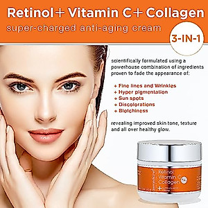 Vitamin C + Retinol + Collagen | Super Charged Anti-Aging Cream for Face | Pharmaceutical Grade Quality | Helps Smooth & Plump Fine Lines & Wrinkles & Brightens for Younger Skin (2 oz)