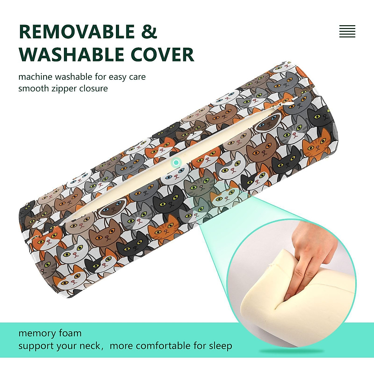 Vnurnrn Cartoon Cats Neck Support Pillow Round Neck Roll Bolster Cylinder Pillow Cervical Pillows Travel Pillow for Leg Knee Back Head Support for Bedroom Camp Work Women Men