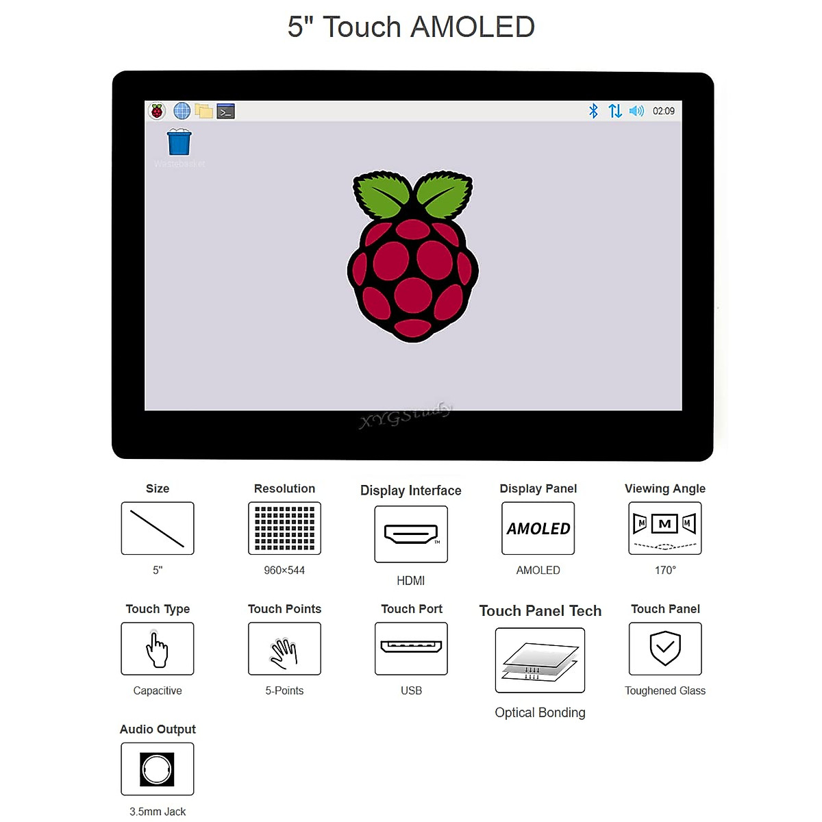 5inch HDMI Capacitive Touch AMOLED Display Monitor with Toughened Glass Cover Screen Resolution 960×544 Supports PC Raspberry Pi 4 3 Model B B+ Zero Jetson Nano @XYGStudy