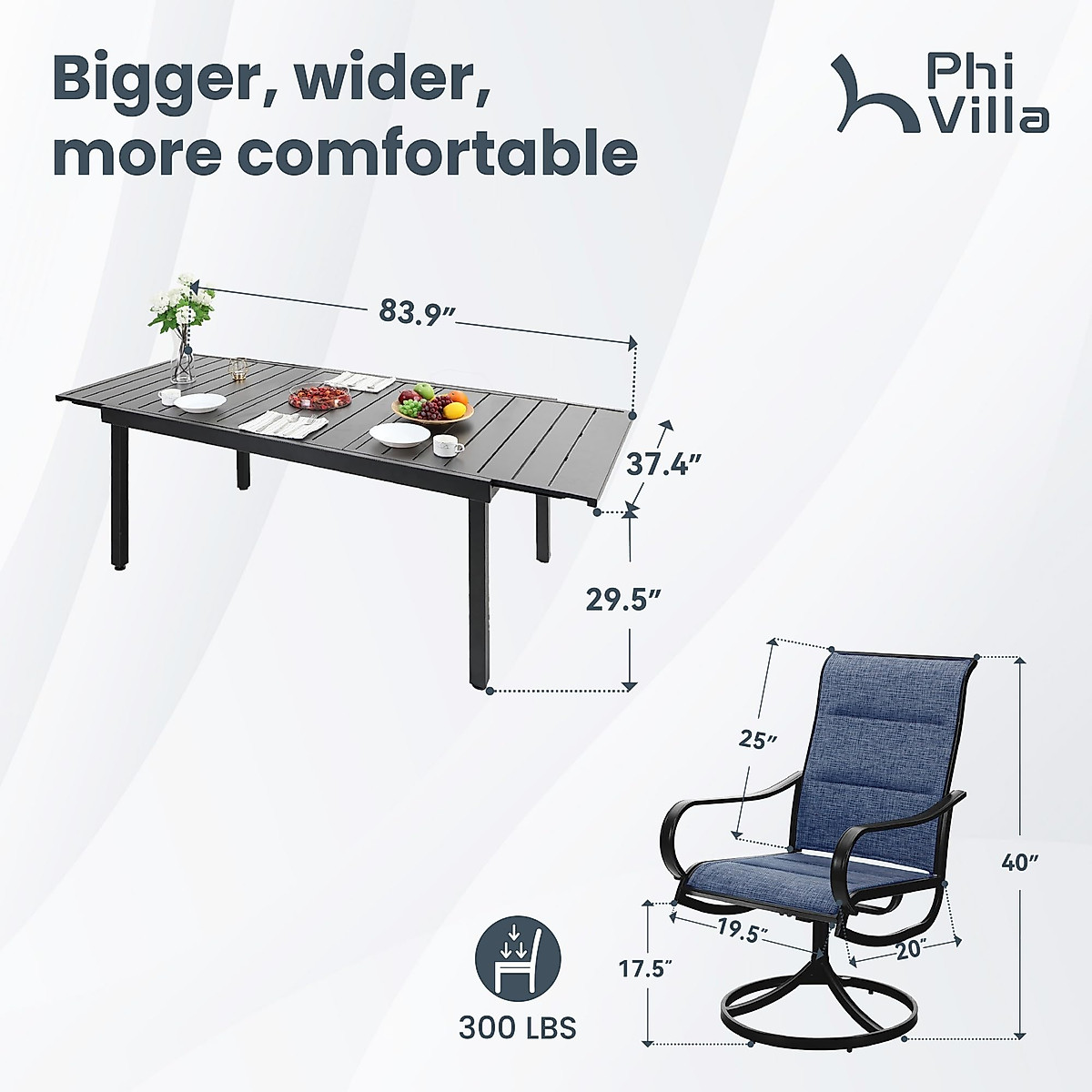 PHI VILLA 9 Piece Outdoor Patio Dining Set, 8 Swivel Outdoor Padded Chairs and 1 Extendable Large Patio Table, Outdoor Furniture Table and Chair Set for 6-8 Person (Blue)