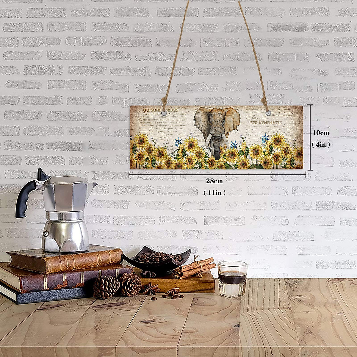 Wooden Signs 11" x 4", Retro Sunflower Sign Home Decor Wood Plaque Hanging Wall Art, Decorative Door Garden Sign with Rope, Wild Anima Elephant with Blooming Sunflowers