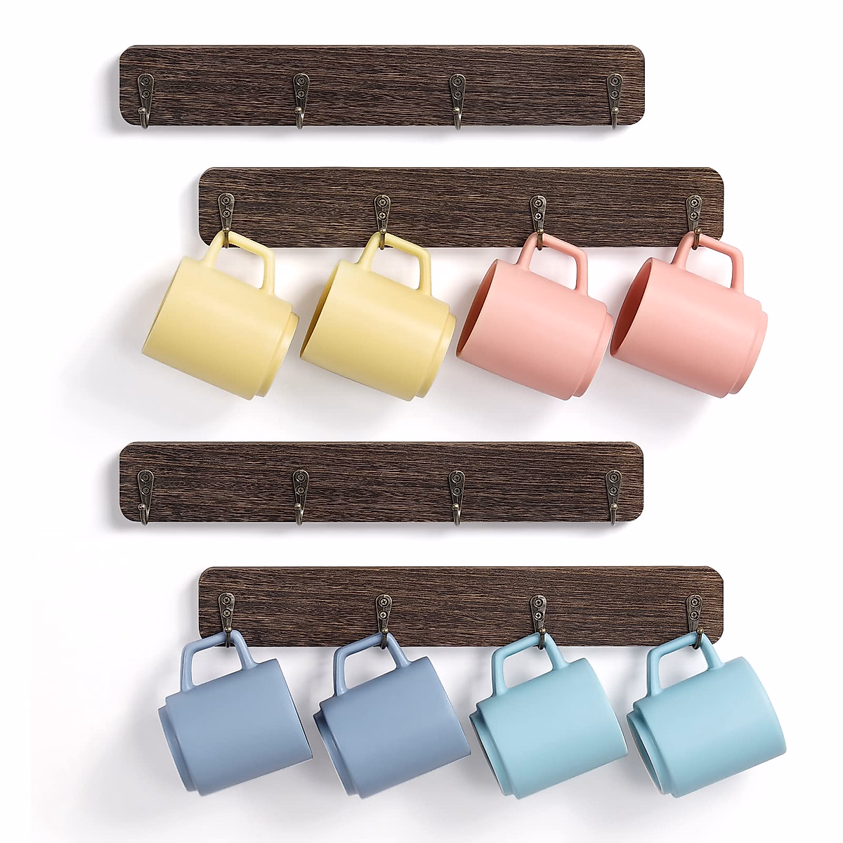 LIANTRAL Coffee Mug Holder, Set of 4 Rustic Wall Mounted Cup Hanging Rack Organizer with 16 Hanger Hooks for Home Decor, Coffee Nook (Brown)