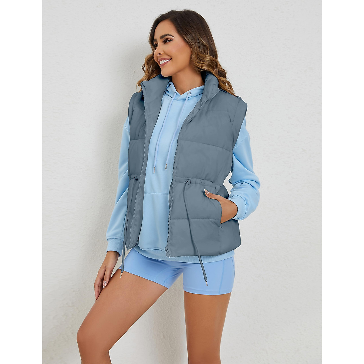 VAOYIU Womens Puffer Vest Adjustable Drawstring Waist Lightweight Quilted Zip Up Vest with Pockets(-Dustyblue-XL)