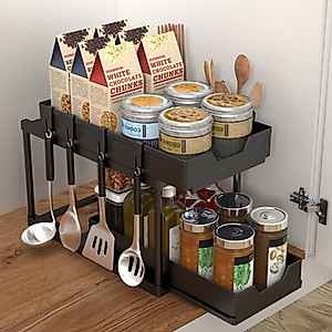 Glamourier Kitchen Shelf Under Sink Pull Out Drawer 2 Layers Sliding Rack cabinets Multifunctional Storage 2 Storage Cups 4 Hooks Multifunctional Kitchen Bathroom Storage (Black)