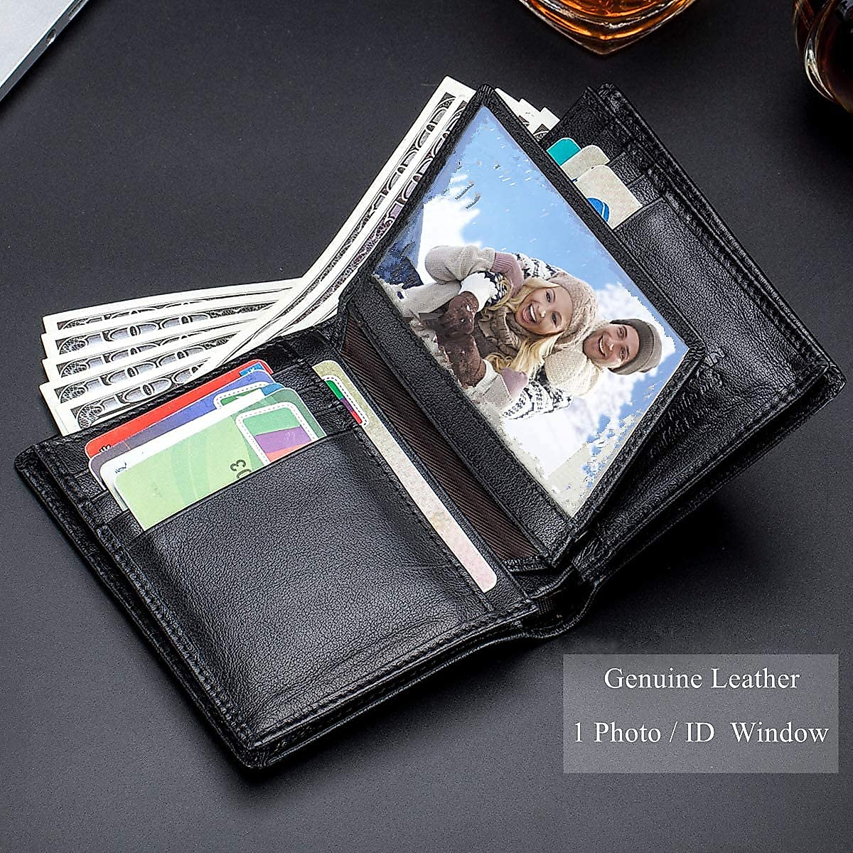 BULLCAPTAIN Large Capacity Genuine Leather Bifold Wallet/Credit Card Holder for Men with 15 Card Slots QB-027 (Black)