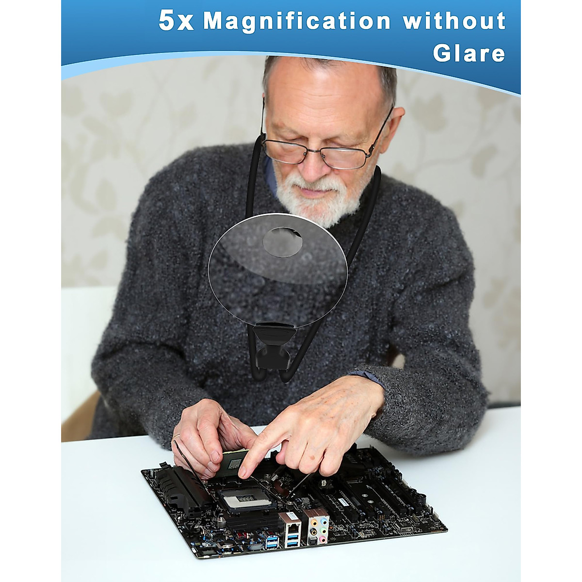 Magnifying Glass for Reading with 5.12in Diameter Magnifying Lens, 5X Neckwear Hands Free Magnifier with Stand for Seniors and Low Vision When Sewing, Cross Stitch, Needlepoint, Reading(Black)