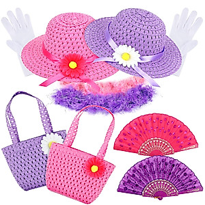 Girls Tea Party Set Includes 10 Pcs Hats Fan Tea Party Gloves Small Pink Purse Feather Boas Toy Tea Sets for Little Girls Kids Children Birthdays Easter Party Supplies Accessories