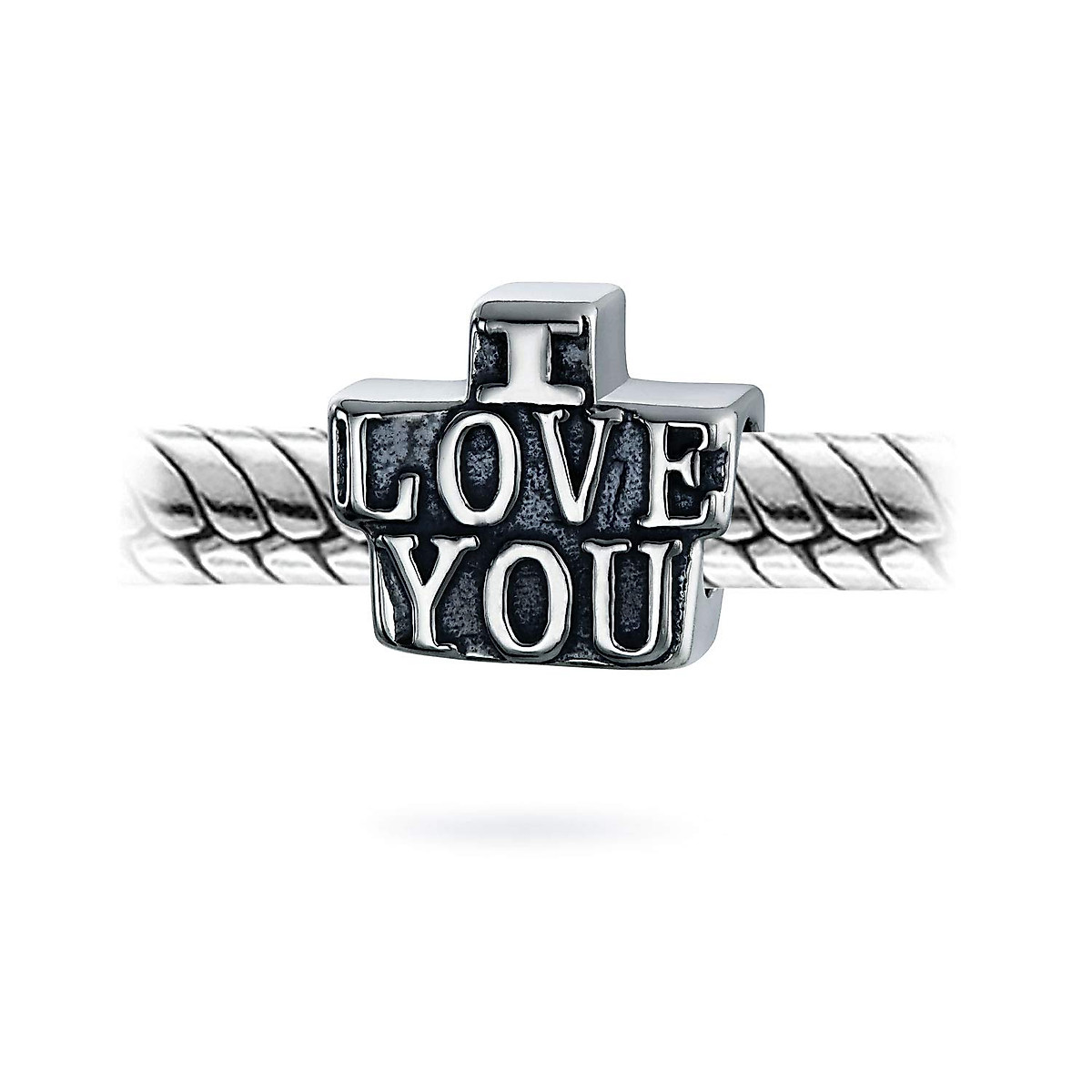Romantic Words Saying I Love You Heart Charm Bead For Women Teens Girlfriend Wife Daughter Oxidized .925 Sterling Silver Fits European Charm Bracelet