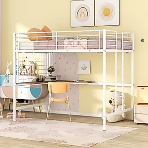 BIADNBZ Metal Loft Bed Full Size, High LoftBed Frame with L-Shaped Desk and Grid for Kids Adults, Full-Length Guardrail & Side Stairs, Space-Saving, White