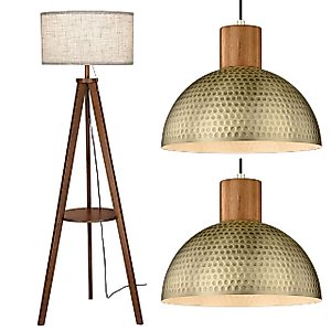 ELYONA 2 Pack Rubber Wood Hanging Lamp with Hammered Metal Shade & Rubber Wood Tripod Floor Lamp for Kitchen Island, Bar, Farmhouse Dining Room, Bedroom, Living Room
