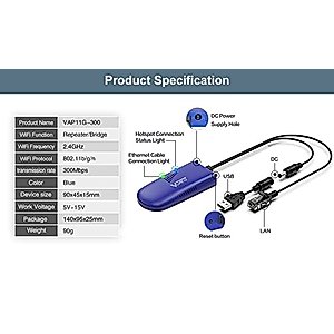 VONETS WiFi to Wired WiFi Bridge Ethernet/Signal Repeater Mini Industrial 2.4GHz 300Mbps 1 RJ45 Male USB/DC Powered for Monitoring,Electronic Scales,IP Printer,Robots,Medical Devices VAP11G-300