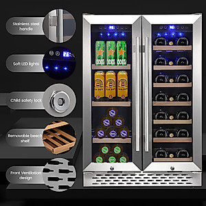 Acekool Wine and Beverage Refrigerator, 55 Cans and 20 Bottles Large Dual Zone Wine Cooler with Quiet Compressor, Blue LED, Dual Zone Temperature 24 Inch Under Counter Wine Fridge for Home Bedroom