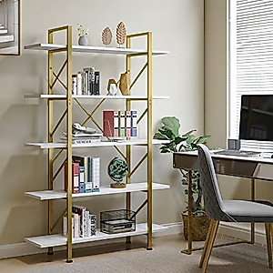 YITAHOME 5-Tier Gold Bookshelf, Artsy Modern Freestanding 5 Shelf Bookcases and Bookshelves, Book Rack, Storage Rack Shelves in in Living Room Home Office, Gold & White