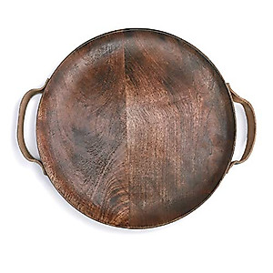 Round Natural Dark Finish 16 x 16 Mango Wood Round Tray With Leather Handles