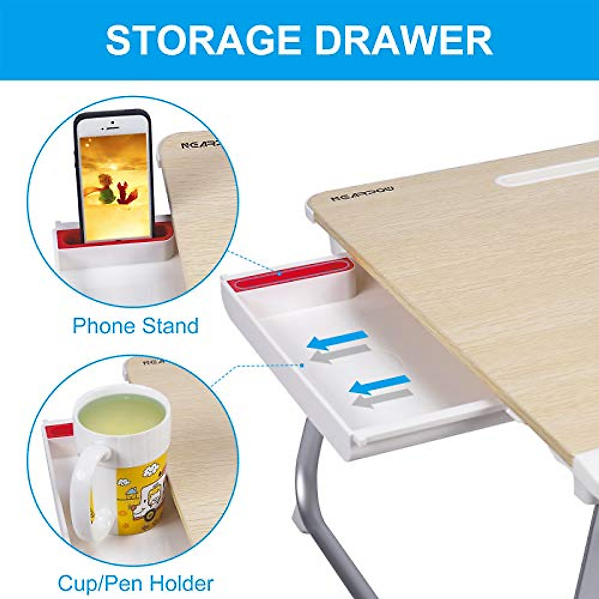 Laptop Bed Table, NEARPOW XXL Bed Trays for Eating, Laptops, Writing, Study and Drawing- Laptop Desk for Bed, Sofa and Couch- Folding Laptop Standwith Portable Book Stand and Drawer Storage - Wood