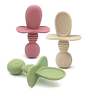 Silicone Baby Spoons Self Feeding 3+ Months - Infant Toddler Utensils - First Stage Baby Led Weaning Feeding Supplies - Set of 3 Pack (Smile Style)