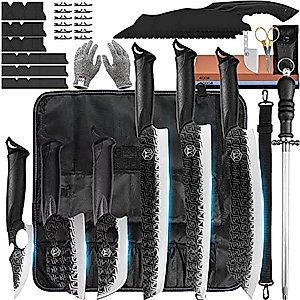 XYJ Authentic Since 1986,6pcs Cooking Slice Knives Set,Camping Chef Knife With Sheath Holder,Honing Steel,Whetstone,Cake Knife,Roll Bag Kitchen Vegetable Knives,Full Tang,High Carbon Steel (Black)