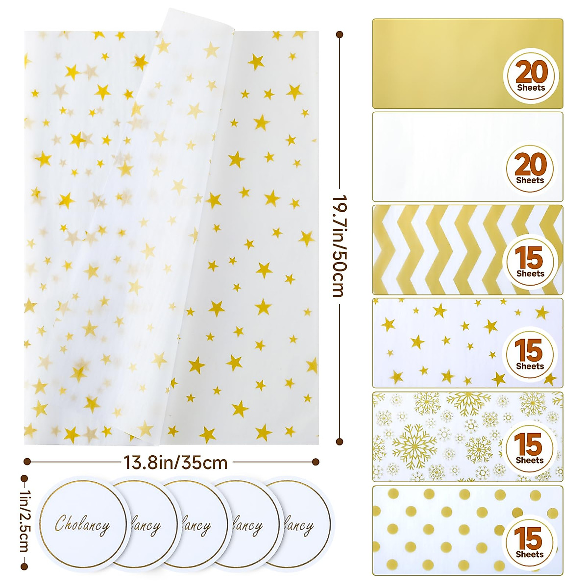 Cholancy 100 Sheets Tissue Paper for Gift Bags, 20'' x 14'' Christmas Tissue Paper for Gifts Wrapping,Gold Tissue Paper Bulk for Wedding Holiday Parties Decor