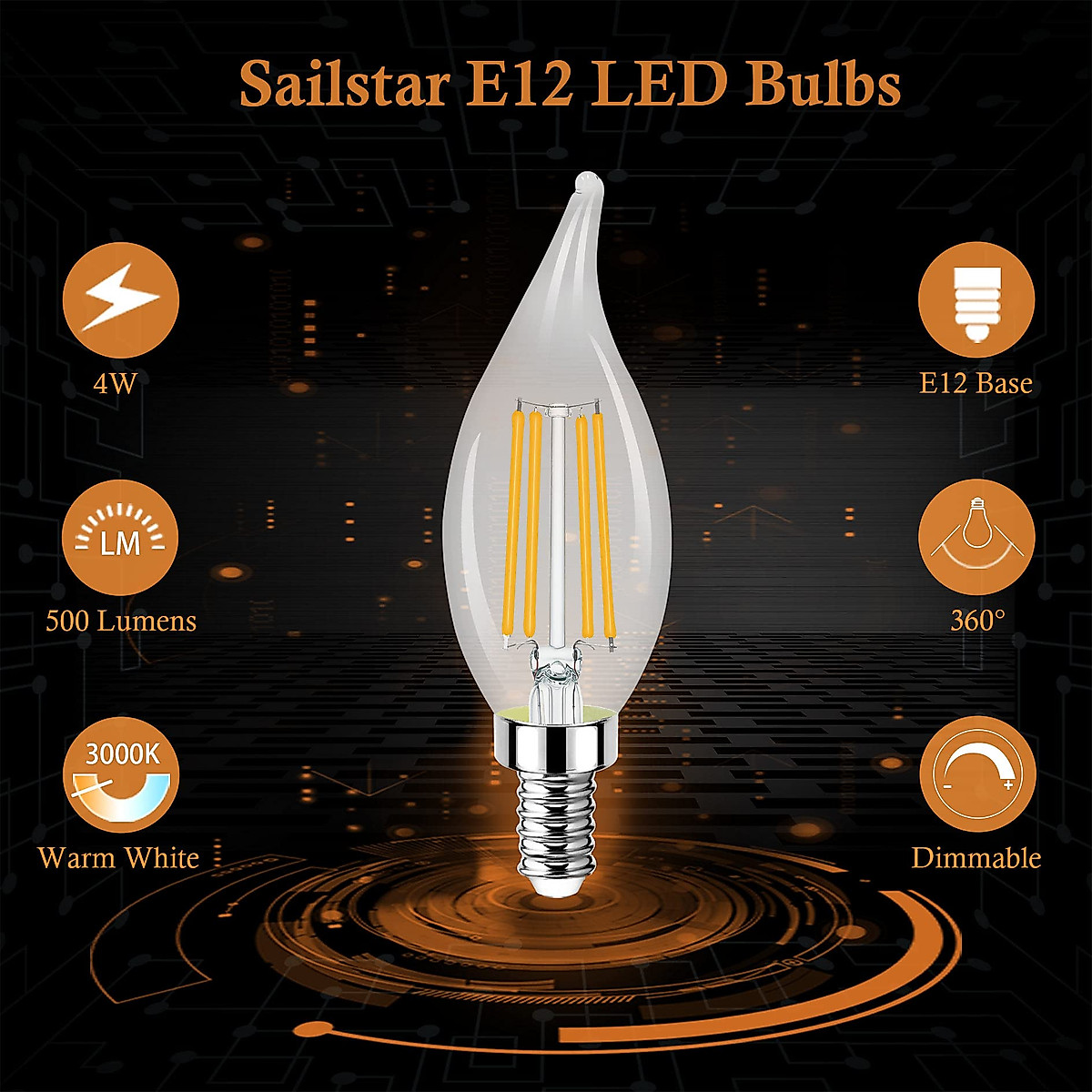 Sailstar E12 LED Candelabra Bulbs Dimmable, 60 Watt Equivalent 3000K Warm White Chandelier Light Bulbs, 4W Filament Candle LED Bulbs, Flame Tip, 500 Lumen, Pack of 6