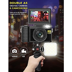 4K Digital Camera, Autofocus 48MP Vlogging Camera for YouTube with Flip Screen Cameras for Photography with Batteries, Fill Light, Mini Tripod Accessories