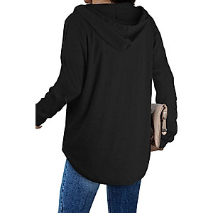 Hooded Sweatshirt Women Casual Oversized Long Sleeve Shirts V Neck Sweaters Loose Fit Lightweight Fall Outfits Black M