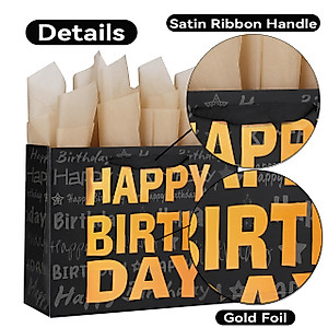 13" Large Black Gift Bag Set with Greeting Card and Tissue Paper(Gold Foil ‘Happy Birthday’) for Men's or Women's Birthday Party, Boys’, Girls’ or Kids' Birthday Parties, Baby Shower - 13”x5.2”x10.2”, 1 Pcs.