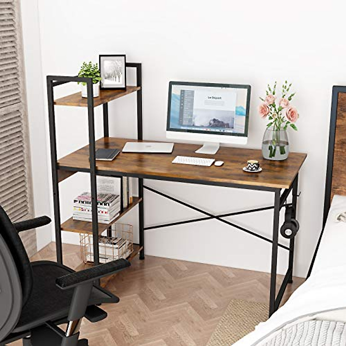 Engriy Computer Desk with 4 Tier Shelves for Home Office, 47" Writing Study Table with Bookshelf and 2 Hooks, Multipurpose Industrial Wood Desk Workstation with Metal Frame for PC Laptop, Rustic Brown