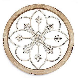 Funly mee Vintage 23.6 Inches Round Metal Flower Wall Decor with Wood Frame Metal Fleur De Lis Wall Scupures