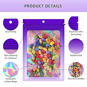 100 Pieces Resealable Mylar Bags, Smell Proof Bags with Clear Window for Food Storage Party Favor Packaging Small Business (Gradient Purple, 4.1×5.9 Inch)