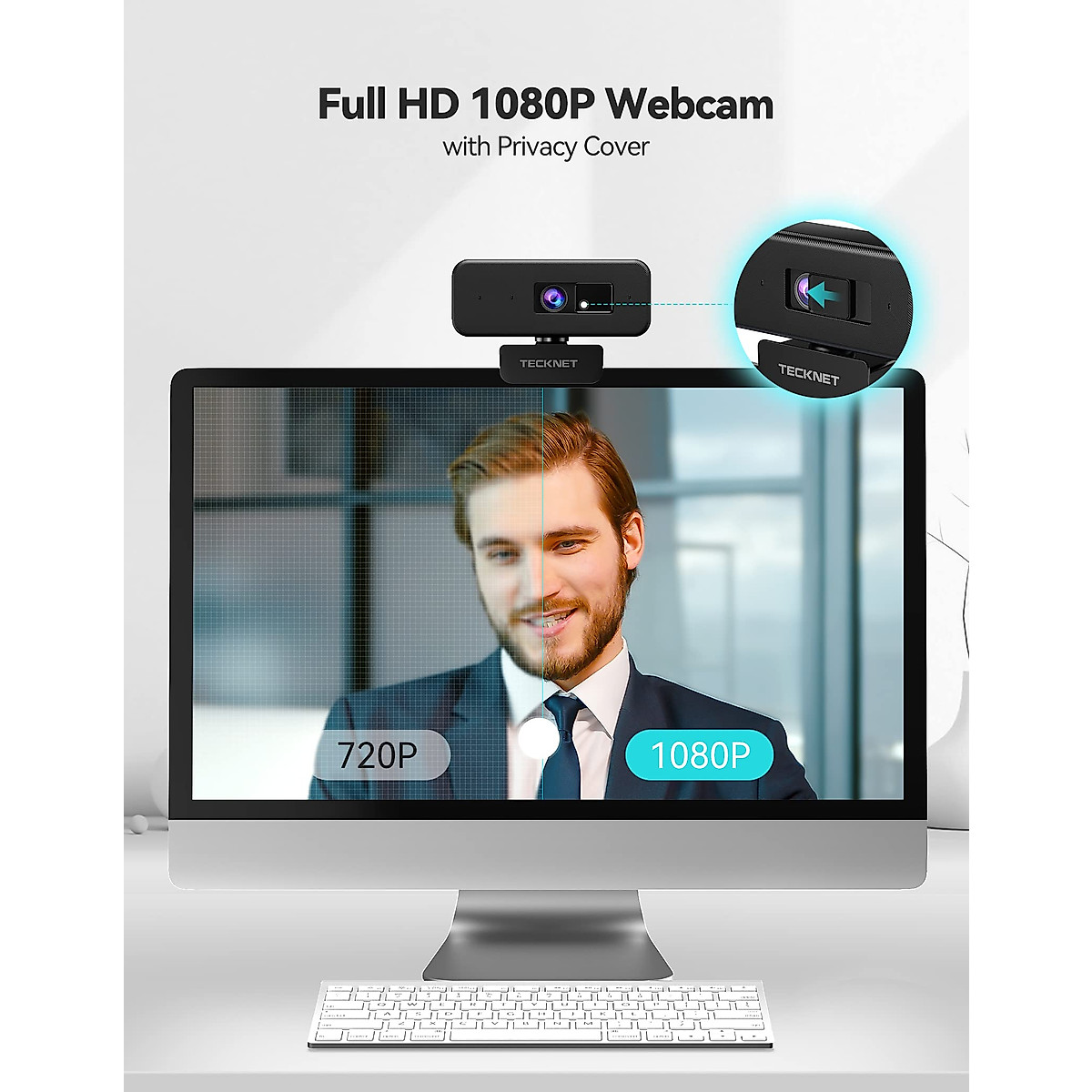 TECKNET 1080p Webcam with Microphone & Privacy Cover, Streaming Camera 30fps USB Computer Camera with 110-degree AOV, Web Camera for Video Conferencing/Calling/Live Streaming/Online Learning