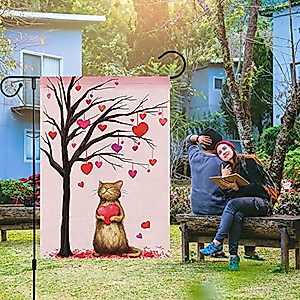 Heyfibro Valentine's Day Cat Garden Flag, Valentines Heart Love Tree Burlap 12 x 18 Inch Double Sided Yard Flag, Spring Seasonal Outdoor Decoration for Valentines Day Gifts(ONLY FLAG)