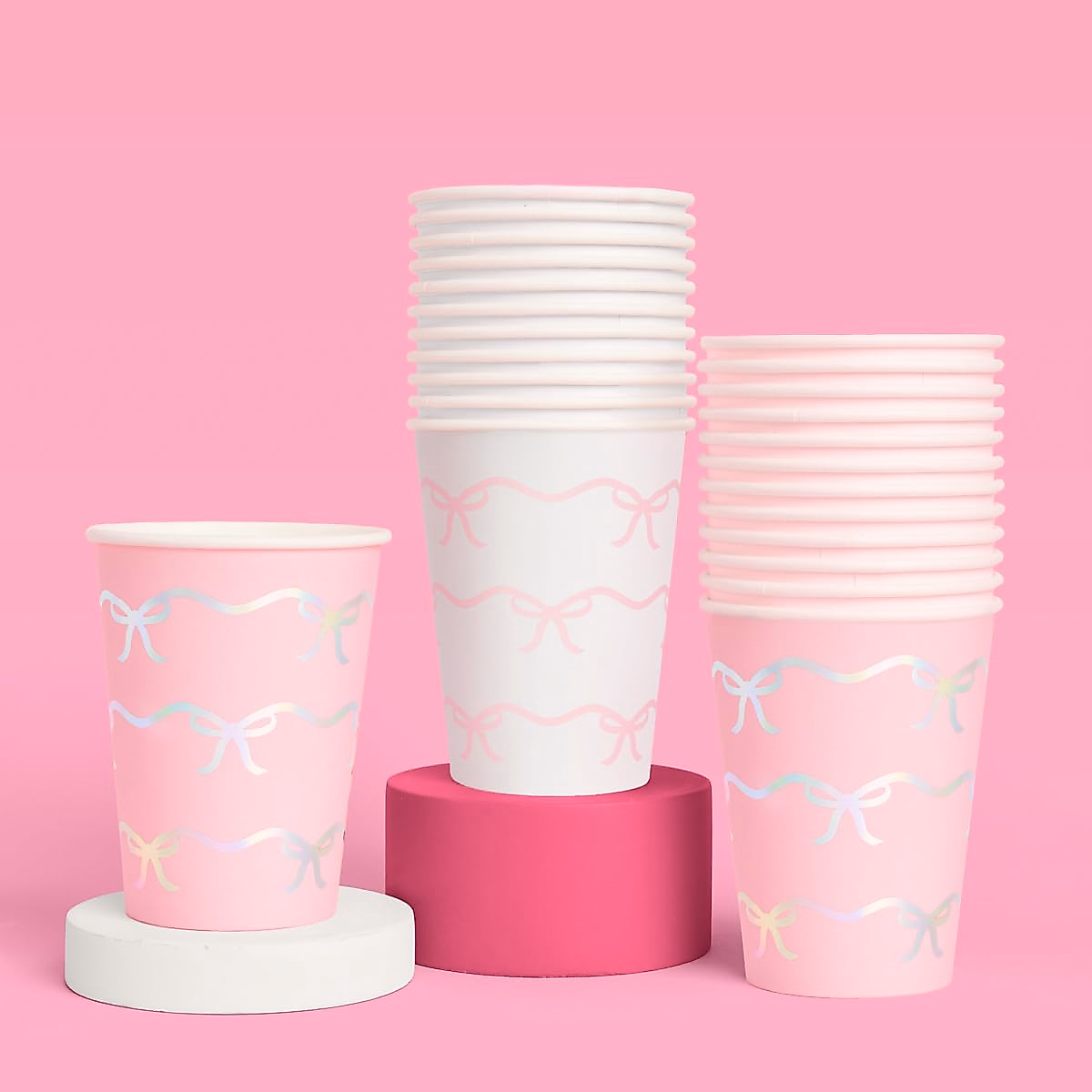 xo, Fetti Party Decorations Bow Paper Cups - 24 Disposable 14 oz Foil Cups | Pretty Bachelorette Decorations, Bow Theme Birthday Party, Bridal Engagement Drinkware, Coquette Cute Supplies