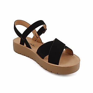 Soda Shoes Women Flat Sandals Flatform Ankle Buckle Criss Cross Band Straps Chester-S Black 7