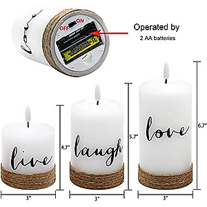 GenSwin Flameless LED Candles with Hemp Rope & Remote Timer, Real Wax Battery Operated Pillar Candles Live Laugh Love, Realistic 3D Wick Flickering Gift (D3 x H4.7 5.7" 6.7", Pack of 3)