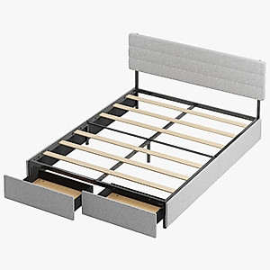 Mixoy Cal King Bed Frame with 2 Storage Drawers. Upholstered Platform Bed with Cotton Linen headboard,Wood Slat Support,Footboard with Drawer.No Box Spring Needed/Easy Assembly(Cal King,Light Grey)