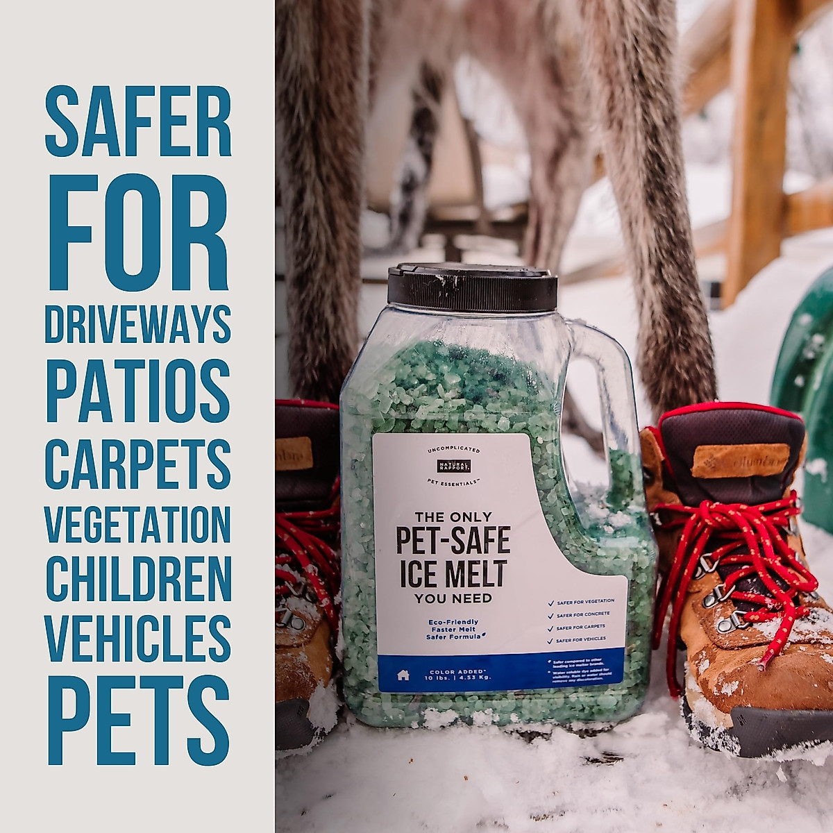 Natural Rapport Pet Friendly Ice Melt - Calcium Chloride Free, Pet Safe Ice Melter, Rock Salt Alternative - Time Release Deicer Formula Lasts 3X Longer (10 lb)