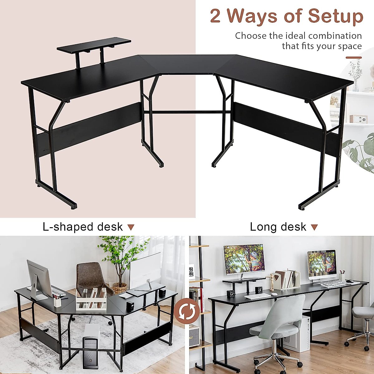 Tangkula L-Shaped Reversible Computer Desk, 2 Person Long Computer Workstation w/Movable Monitor Stand, Large Home Office Corner Desk for Working Writing Gaming (Natural)