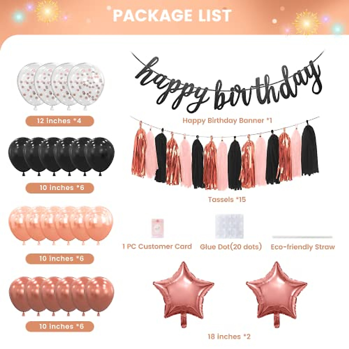 Black Rose Gold Birthday Party Decorations - Glittery Black Happy Birthday Banner(Pre-Strung), Tissue Paper Tassels Garland and Foil Confetti Balloons for Women Girls(Black Rose Gold).