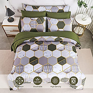 PERFEMET 8 Pieces Green King Comforter Set Geometric Marble Bedding Sets King Size Hexagon Honeycomb Print Bed in A Bag Soft Lightweight Bed Comforter Sets with Sheets (Green, King)