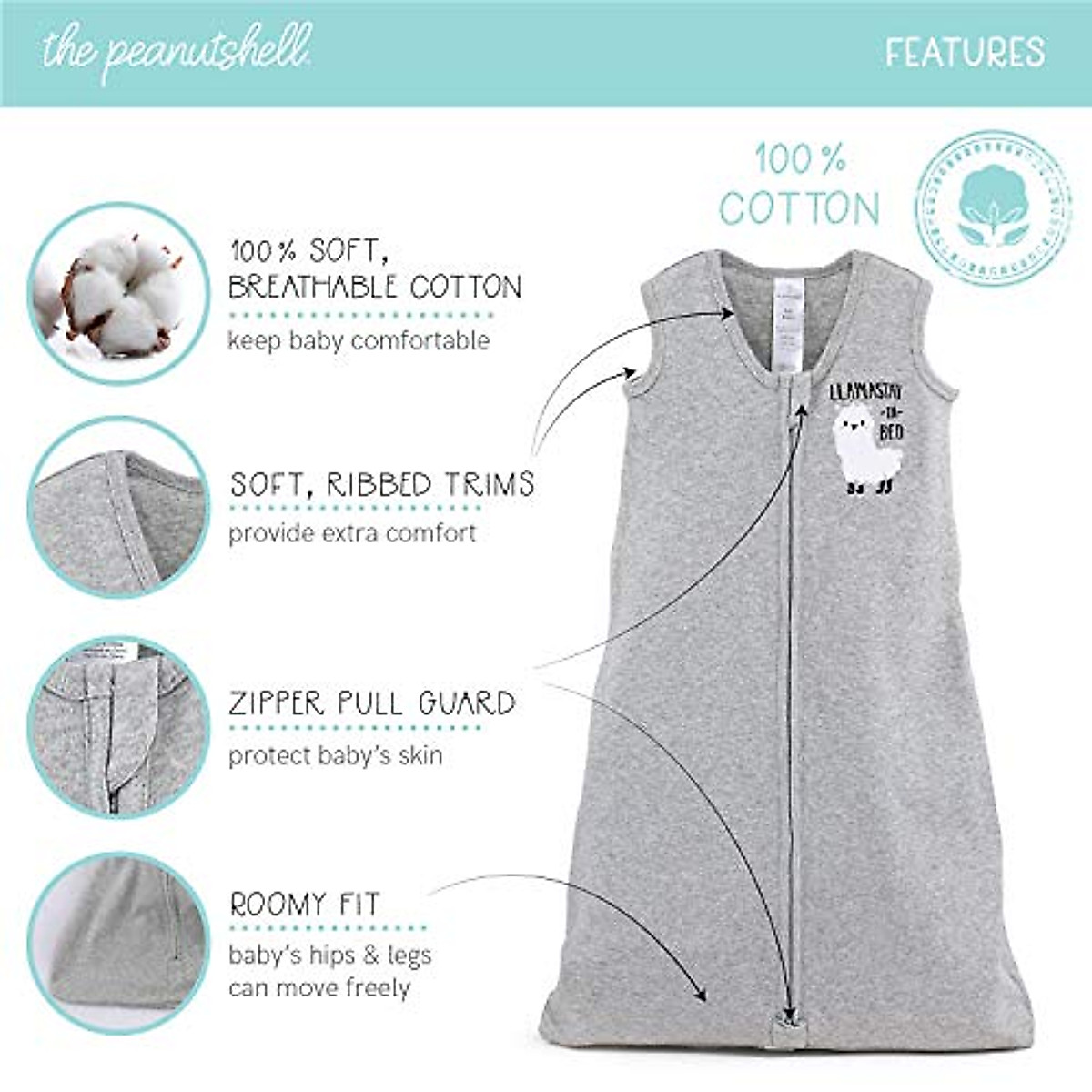 The Peanutshell Wearable Blanket Sleep Sack for Baby Boys or Girls, Llama & Tribal Stripe, Sizes up to 12 Months (Medium/Large)
