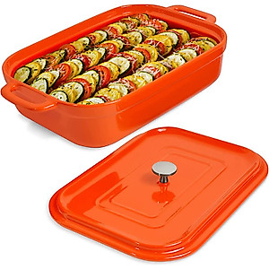 16.9x10 inch-4.5 Quart-Ceramic Casserole Baking Dish with Lid-Large Baking Pans for Cooking Roasting and Baking-Extra deep Lasagna Pan for Deep Baking Dish-Nontoxic Cookware-Red