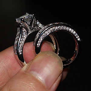 Luxury and Shining 2-in-1 Womens Vintage White Diamond Silver Engagement Wedding Band Ring Set