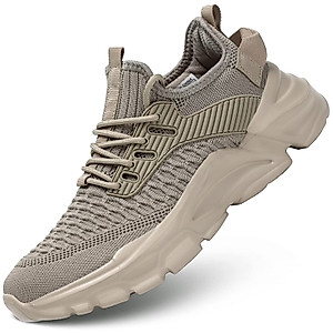 Srenket Men's Running Shoes Non Slip Shoes Breathable Lightweight Fashion Sneakers Slip Resistant Athletic Sports Walking Gym Work Shoes Khaki