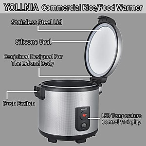 YOLLNIA Commercial Rice Warmer, 18.1QT/100 CUP Portable Food & Rice Warmer (Not a Cooker) / 122℉- 178℉ Adjustable Temperature| 130W | Non-stick Inner Pot| Fit For Restaurant/Party/Family