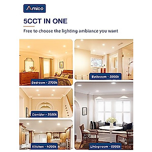 Amico 36 Pack 6 Inch 5CCT Ultra-Thin LED Recessed Ceiling Light with Junction Box, 2700K/3000K/3500K/4000K/5000K Selectable, 12W Eqv 110W, Dimmable Can-Killer Downlight, 1050LM Brightness - ETL&FCC