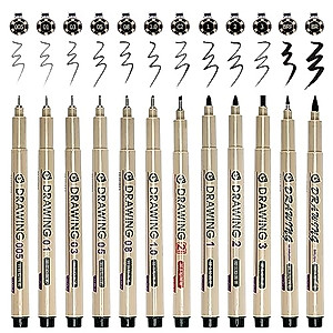 Toptime Micron Fineliner Pens, 12 Pack Micro Pen Set Black, Technical Drawing Pens for Artist No Bleed Calligraphy Pens, Archival Ink Brush Pen Art Pens for Journaling, Illustration, Sketching, Anime